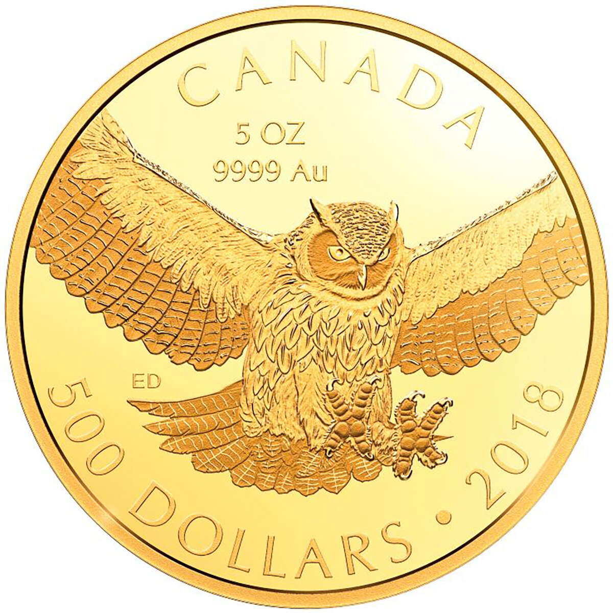 2018 $500 Great Horned Owl - Pure Gold Coin