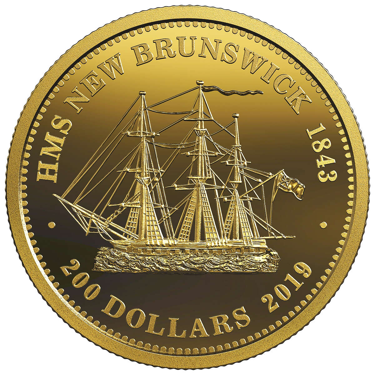 2019 $200 HMS New Brunswick 1843 - Pure Gold Coin
